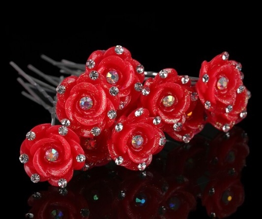 Hårnåle med røde roser og små sten 10 stk.